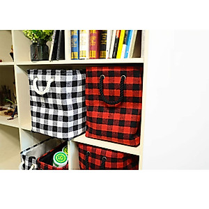 Large Rectangular Foldable Storage Laundry Baskets with Cotton Rope Handles Nursery Soft Felt Fabric Bins Delicate Home Organizer Solution, Red Black Grid, L