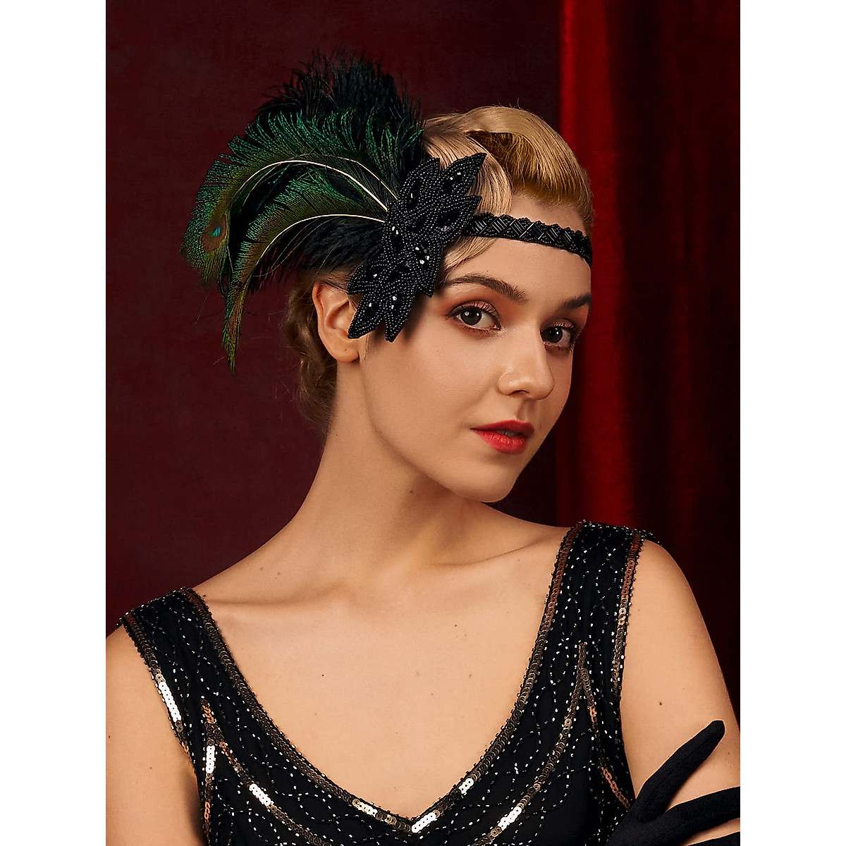 SWEETV 1920s Flapper Feather Headband, 20s Sequined Showgirl Headpiece, Gatsby Hair Accessories for Women (Burgundy)