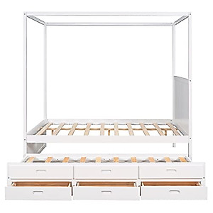 Queen Size Canopy Bed with Twin Size Trundle and Three Storage Drawers, Solid Wood Platform Bed Frame with Headboard, Slat Support Modern 4 Poster Bed for Kids, Teens, Adults (White)