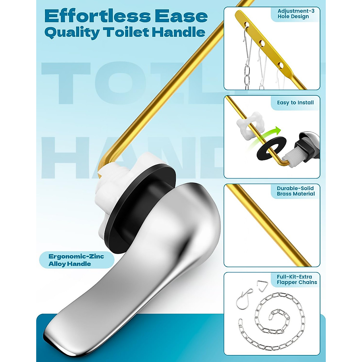 Toilet Handle Replacement Kit Universal - Front-Mount Toilet Handle Tank Flush Lever with Stainless Steel Flapper Chain, Compatible with Gerber, American, Standard, Kohler, TOTO