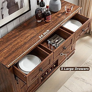 OKD Farmhouse Buffet Cabinet with Storage, 54" Sideboard w/ 3 Drawers, Sliding Barn Door, Wine and Glass Rack, Storage Shelves, Liquor Coffee Bar Cupboard for Kitchen, Dining Room, Reclaimed Barnwood