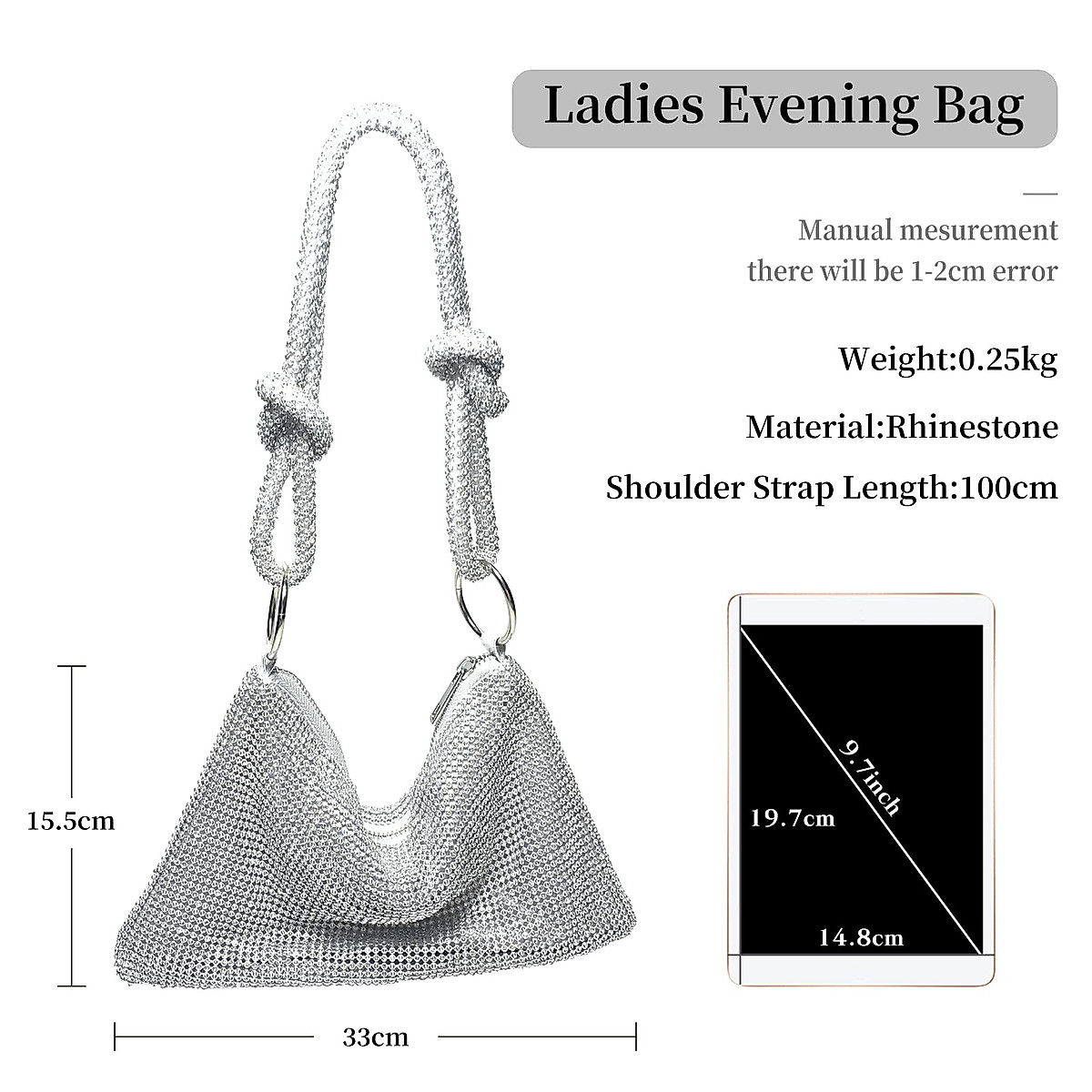 CORIOS Women Rhinestones Evening Bag Crystal Clutch Bag Sparkly Sequin Glitter Handbag Wedding Purse Bling Hobo Bag Banquet Bag Underarm Shoulder Bag for Wedding Prom Cocktail Party Silver