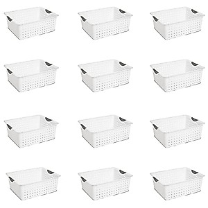 Sterilite Large Ultra Plastic Durable Storage Bin Tote Baskets with Comfortable Handles for Household and Office Organization, White, 12 Pack
