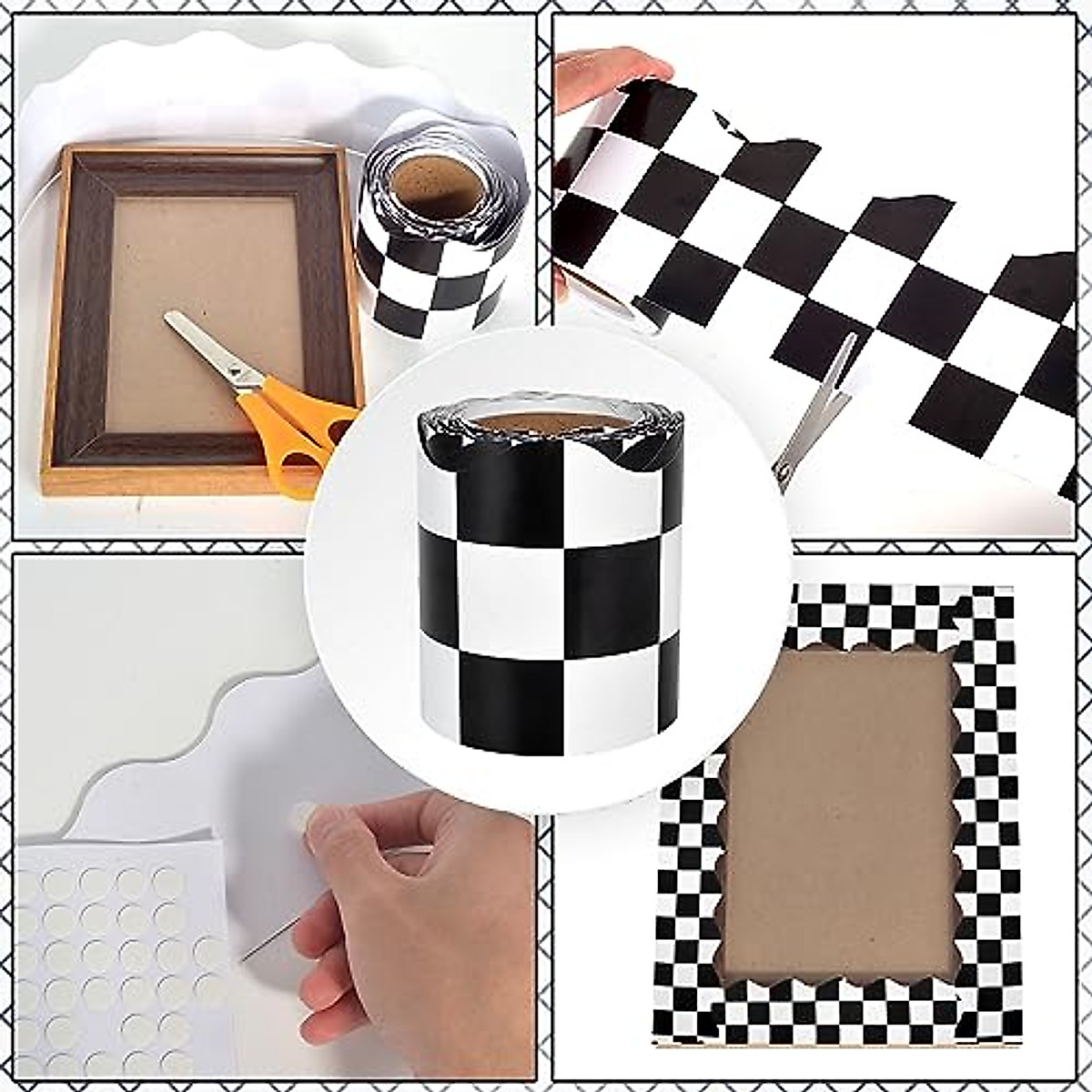 4 Rolls132ft Checkerboard Bulletin Board Trim Girl Style Bulletin Board Borders Checker Scalloped Bulletin Board Borders Racing Theme Back to School Party Decor with 140 Pieces Glue Point dots