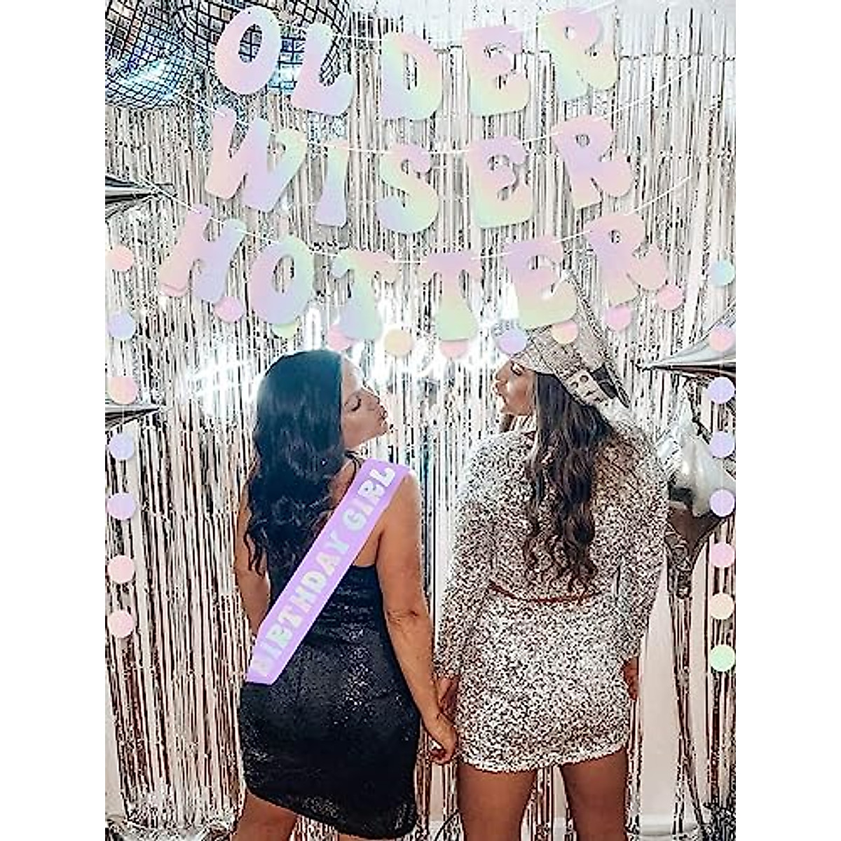 Older Wiser Hotter Happy Birthday Banner Party Decorations, Cute Iridescent Birthday Garland Birthday Girl Sash for Women 30th 40th 50th 60th 70th 80th Home Indoor Disco Photobooth Backdrop Decor