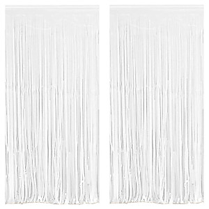 White Foil Fringe Curtain 3.3×8.3FT 2 Packs, Metallic Tinsel Curtains Party Streamers for Birthday Graduation Baby Shower Decoration (2pcs,3.3FT×8.3FT, White)