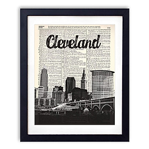 Cleveland Skyline With Name Vertical, Vintage Dictionary Art Print, Antique Wall Art Home Decor, Modern Boho Poster, Farmhouse Decoration Living Room Bedroom Office 8x10 Inches, Ready To Frame