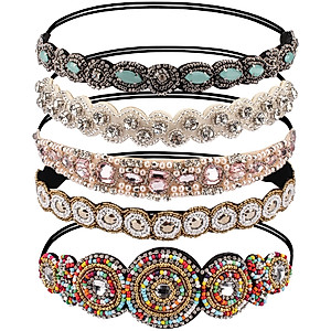 AMCAMI 5Pcs Rhinestone Beaded Headbands for Women Elastic Head Wraps Handmade Crystal Bling Hairbands for Girls Vintage Hair Accessories Party Daily Headwear (C)