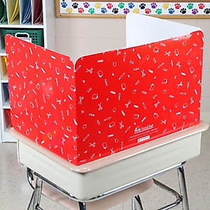 Really Good Stuff Large Privacy Shields for Student Desks – Set of 12 - Gloss - Study Carrel Reduces Distractions - Keep Eyes from Wandering During Tests, Red with School Supplies Pattern