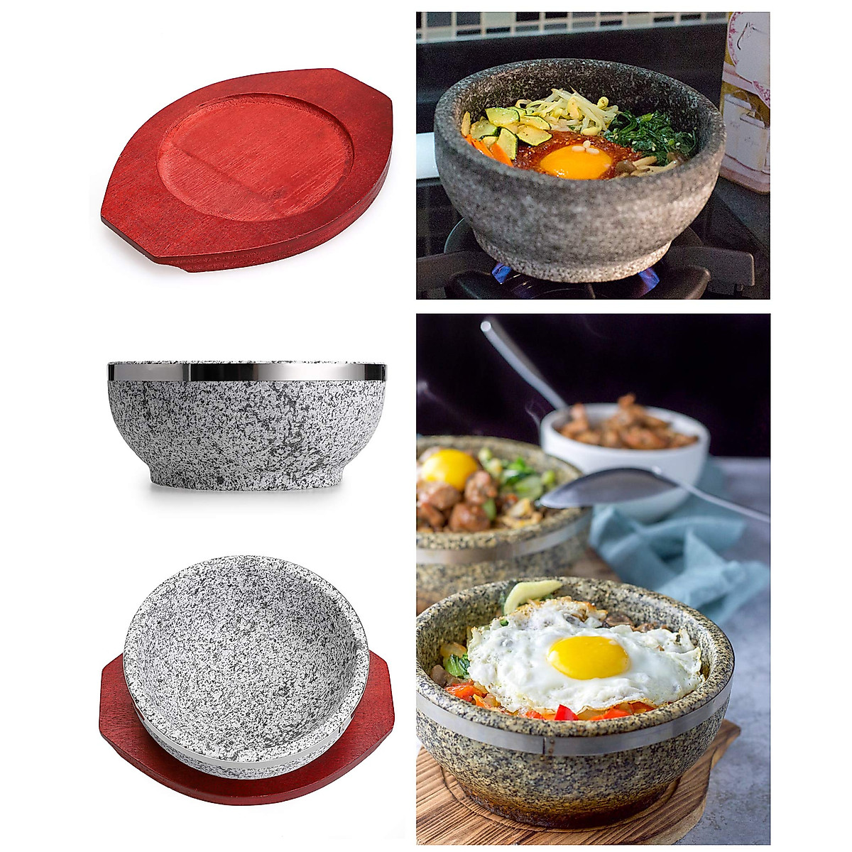MDLUU Dolsot Bibimbap Bowl 32 Oz, Granite Stone Bowl with Wood Base, Dolsot Pot for Korean Soup, Rice and Stew