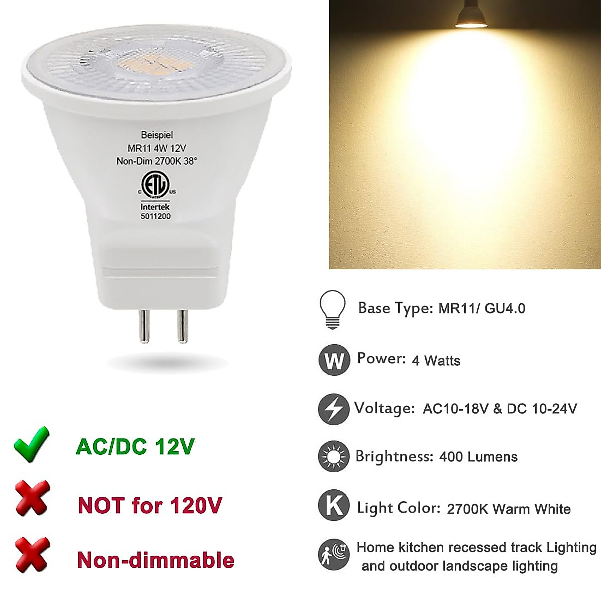 Beispiel MR11 Gu4.0 Bi-pin LED Light Bulb 4W 12VAC/DC Warm White 2700K for Outdoor Landscape Lighting Recessed Track Lights, Pack of 4