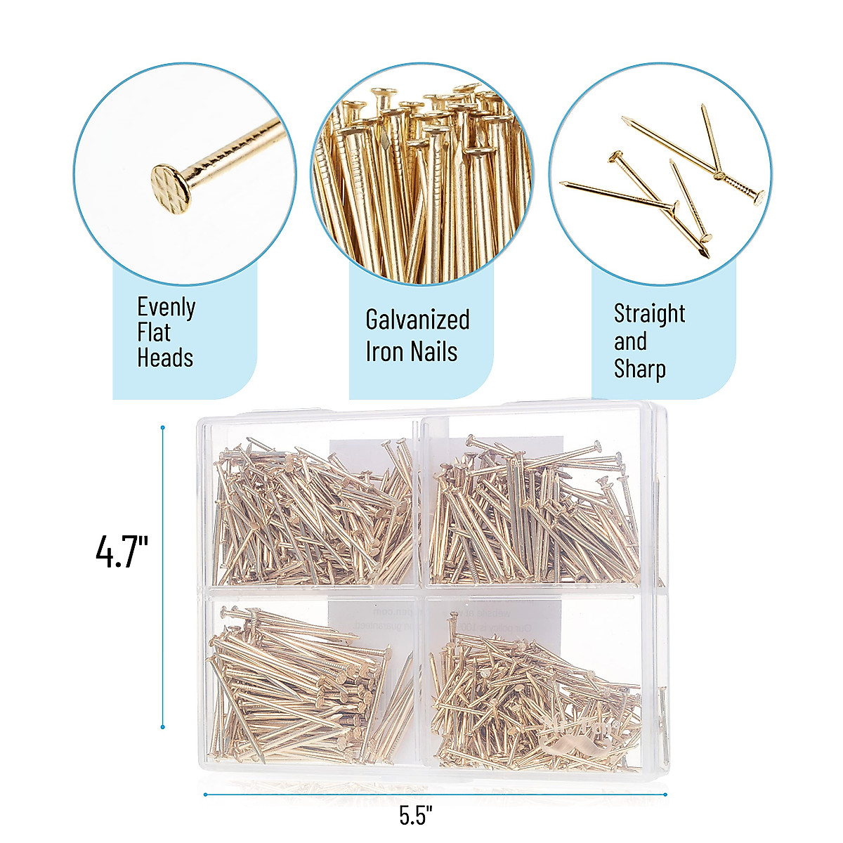 Mr. Pen- Nail Assortment Kit, 600 Pcs, 4 Sizes, Gold, Small Nails, Nails for Hanging Pictures, Finishing Nails, Wall Nails for Hanging, Pin Nails, Hardware Nails, Assorted Nails, Galvanized Nails.