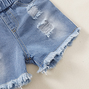 XUANHAO 2T 3T Girl Clothes Toddler Clothes For Girls Summer Outfits Short Sleeve Ruffle Floral Sunflower Top Ripped Denim Short Jeans Toddler Girl Clothes 2T 3T