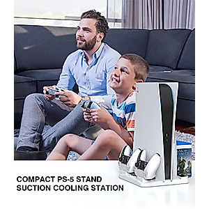 PS5 Stand and Cooling Station with Dual Controller Charging Station Compatible with PS5 Controller,Compact PS5 Accessories with Cooling Fan,Controller Charger,2 in 1 USB Cable, Media Slot, Screw