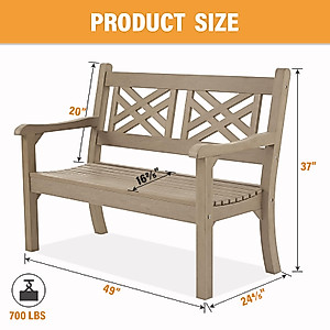 Marcytop 49''W Outdoor Bench, All-Weather Poly Lumber Garden Bench with Decorative Backrest and Curved Armrests, 2-Person Patio Bench Anti-Fade for Porch, Backyard, and Park, Grey