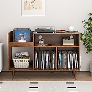 Oubayajia Record Player Stand with Charging Station & USB Ports, Mid-Century Turntable Stand Table Holds Up to 300 Albums, Vinyl Record Storage Cabinet with Wood Legs for Living Room Office(walnut)