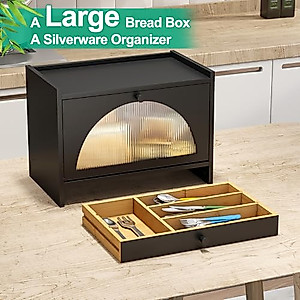 kiplant Black Bread Box for Kitchen Counter, Large Bamboo Bread Storage Container with Silverware Drawer, Bamboo Wooden Farmhouse Bread Box for Your House