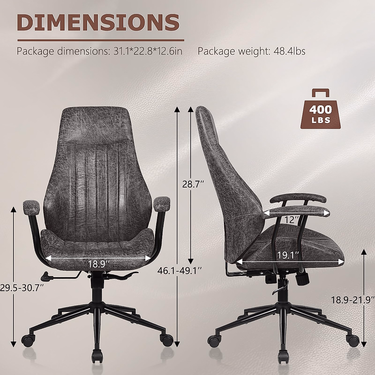 VITESSE Ergonomic Home Office Desk Chair Modern Leather Computer Chairs, High Back Lumbar Support Suede Fabric Executive Height Adjustable Rolling Swivel Task Chair with Padded Armrest (Dark Grey)