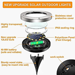 Kooboe Solar Ground Lights, 8 Packs 12 LED Solar Garden Lights Outdoor Waterproof Bright in - Solar Disk Lights for Pathway, Yard, Patio, Walkway, Christmas Decorations(Warm White)