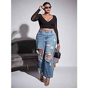 WDIRARA Women's Plus Size Ripped High Waist Cut Out Straight Leg Jeans Denim Pants Light Wash 2XL