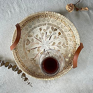Large Round Rattan Tray with Mother of Pearl Inlay, Woven Wicker Tray with Leather Handles, Coffee Table Wicker Tray for Storage and Organizer, Farmhouse Boho Home Décor (White),12 Inch