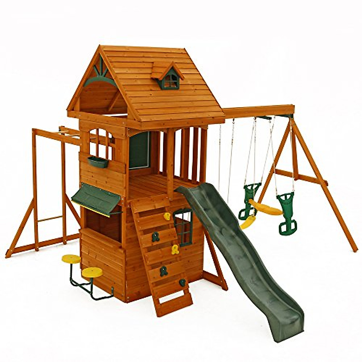 KidKraft Ridgeview Deluxe Clubhouse Wooden Swing Set / Playset with Café Table and Stools, Monkey Bars, Swing and Rock Wall, Gift for Ages 3-10