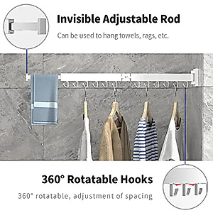 ptlsy Wall Mounted Portable Folding Clothes Drying Rack with Hooks,Space Saver Clothes Hangers Design Universal for Balcony, Mudroom, Bedroom, Kitchen, Foldable Laundry Rack (2-Pole White)