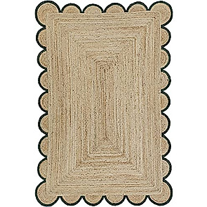 THE PIKKU INTERNATIONAL - Handmade Jute Rug Beige with Scallop Green Border Rectangle Hand Woven Farmhouse Jute Area Rug (7 x 11 ft)