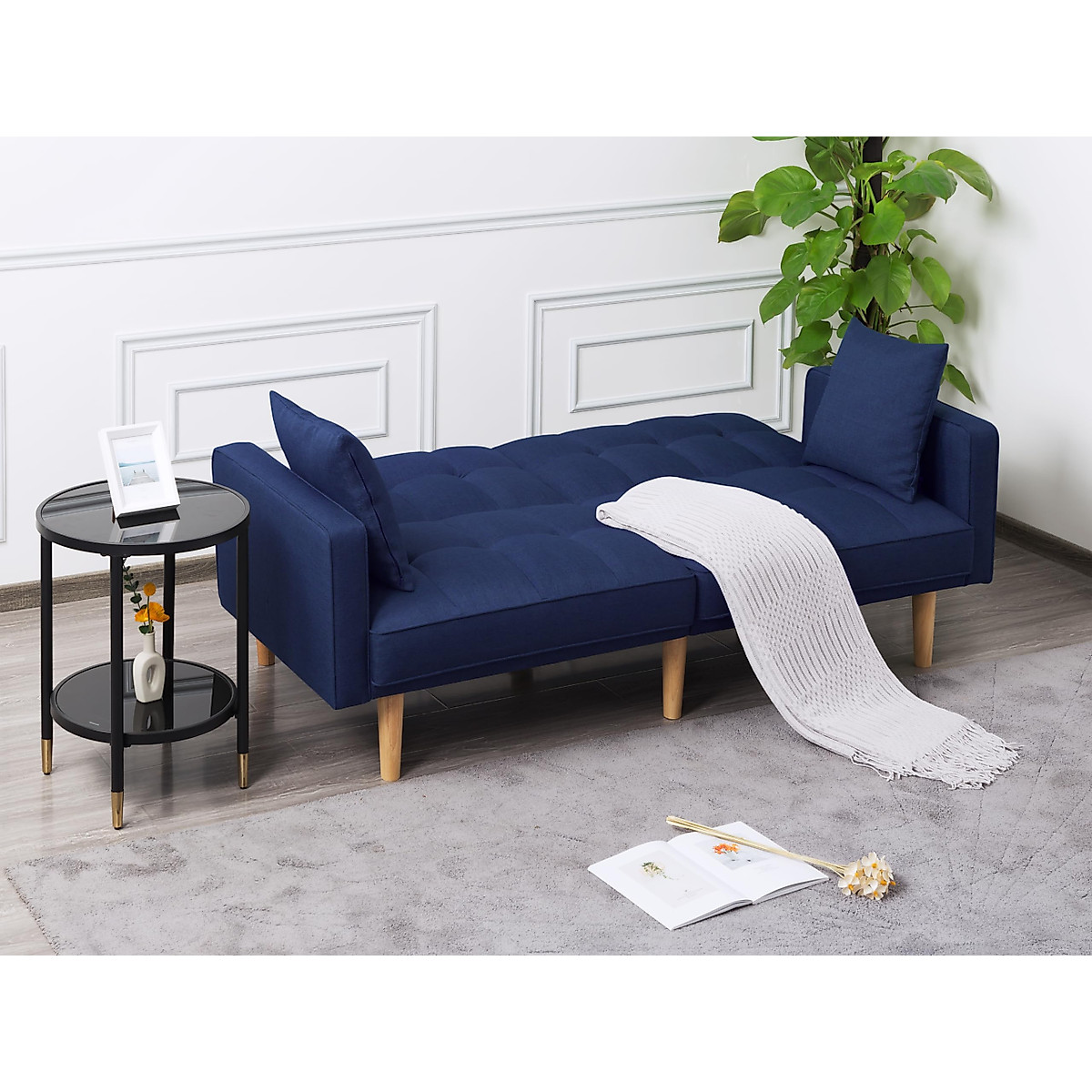 LCH Modern Tuft Futon Couch Convertible Loveseat Reclining Twin Size with Arms and 2 Pillows for Living Room, Navy Blue, Sleeper Sofa Bed 2