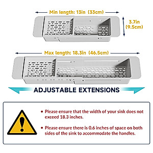NiHome Extendable Over Sink Kitchen Organizer, Telescopic Sink Storage Rack for Sponge, Non-Slip Pads Expandable Sink Caddy, Adjustable Sponge/Brush Rack with Drainage Durable ABS Material (Grey)