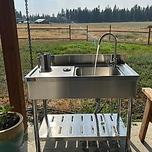 Treshin Stainless Steel Utility Sink, Free Standing Single Bowl Commercial Sink Set w/Workbench & Storage Shelves, Faucet, for Restaurant, Kitchen, Garage, Laundry, 19.6"D x 47.2"W x 37.4"H