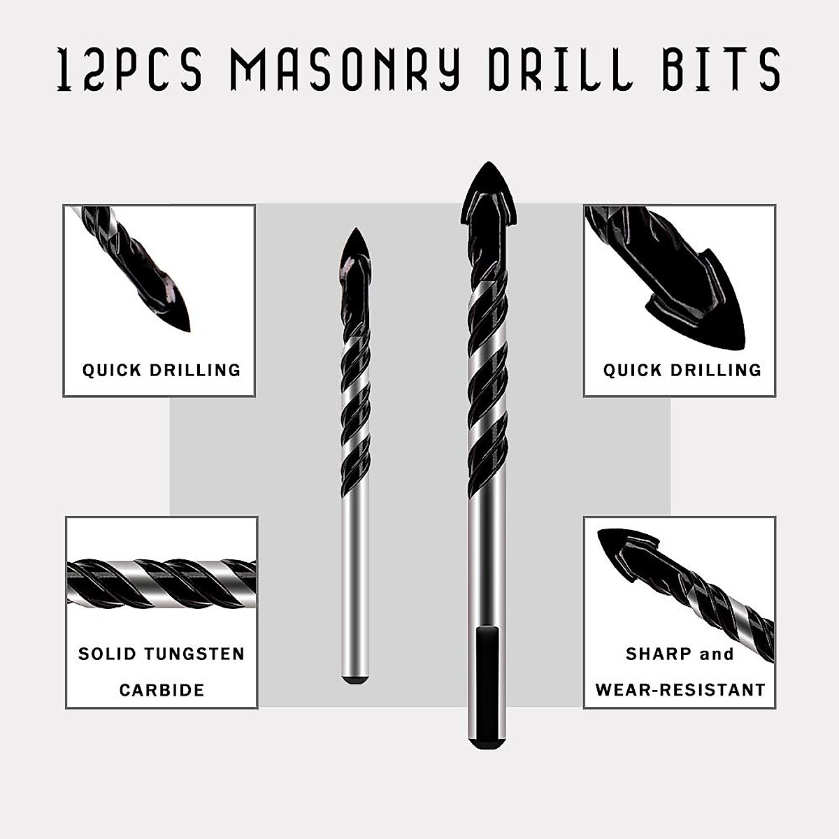 JOHOUSE 12PCS Masonry Drill Bits Set & Concrete Drill Bit, Professional Masonry Bit Tile Drill Bits Set Cement Drill Bit, 4mm to 12mm