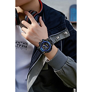 AIMES Mens Watches Sports Outdoor Waterproof Military Watch for Men Tactical Watch Analog Digital Date Alarm Stopwatch Black Blue Multi-Function Tactics Big Face Wristwatch for Men