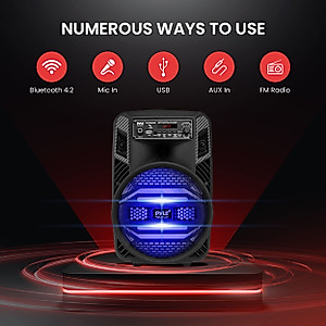 Pyle Portable Bluetooth PA Speaker System - 300W Rechargeable Outdoor Bluetooth Speaker Portable PA System w/ 8” Subwoofer 1” Tweeter, Microphone In, Party Lights, MP3/USB, Radio, Remote -PPHP835B