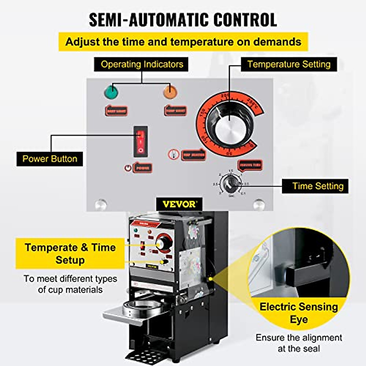 VEVOR Semi-automatic Cup Sealing Machine, 300-500 Cup/h Tea Cup Sealer Machine Black Boba Cup Sealer Machine, 90/95mm Cup Diameter Boba Cup Sealing Machine with Control Panel for Bubble Milk Tea