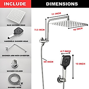 Rain Shower Heads with Handheld Spray Combo, 10 Inch High Pressure Rainfall Showerhead with 11" Extension Arm, 3-Setting Handhled Shower Head with Adjustable Suction Cup Shower Holder, Chrome