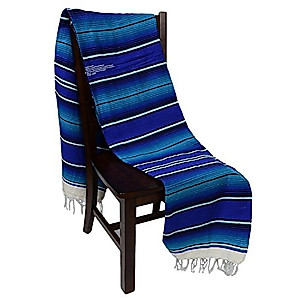 Authentic Mexican Serape Blanket - Multi-color Lightweight Handmade Mexican Saltillo Blanket / Classic Mexican Style Falsa, Stripe Pattern, Throw, Beach Blanket, Tapestry, or Yoga Blanket. Blue