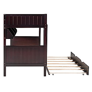 HBRR Twin Over Twin Bunk Bed with Trundle and Bookshelf, Wooden Separable BunkBed Frame for Kids Teens Adults, No Box Spring Needed, Espresso