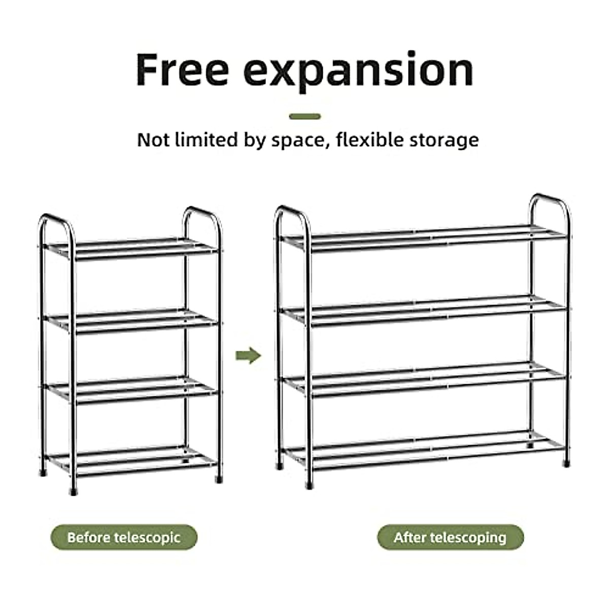 4-Tier Stackable & Expandable Shoe Rack for Closet Adjustable Organizer Storage Stainless Steel Shoe Shelf for Entryway, Bedroom, Dorm Room, Outdoor