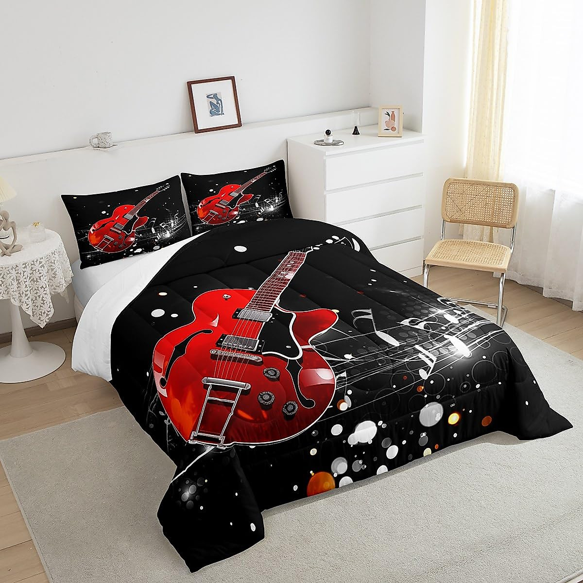 Castle Fairy Red Guitar Full Size Comforter Set Rock Music Theme Bedding Set for Kids Adults Teens Musical Instrument Comforter Luxury Music Note Quilt Set Room Decor 3Pcs