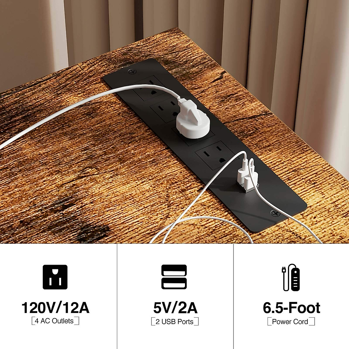 Rolanstar Computer Desk with Power Outlet, 63” Home Office PC Desk with USB Ports Charging Station, Desktop Table with Side Storage Bag and Iron Hooks, Stable Metal Frame Workstation, Rustic Brown