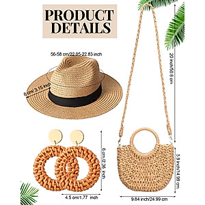 3 Pcs Women Straw Bag Rattan Wide Brim Sun Hat Woven Earrings for Summer Beach