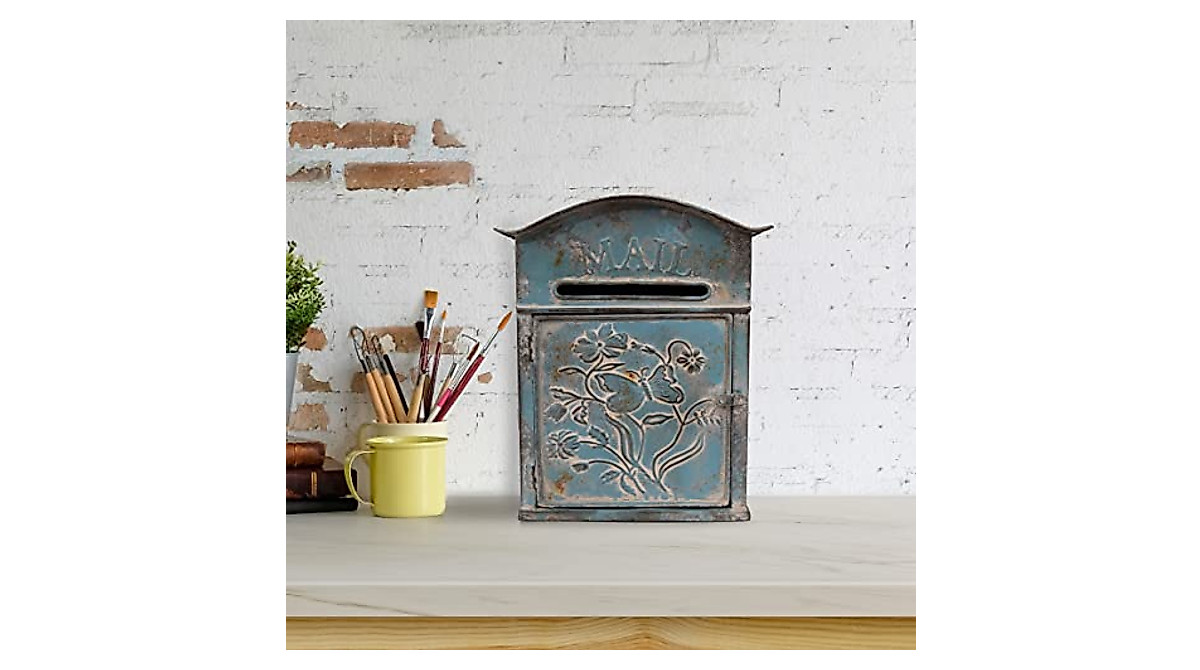 Creative Co-Op Distressed Blue Tin Mailbox for Vintage Decor