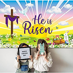 JKQ Easter He is Risen Backdrop Banner 73 x 43 Inch Large Size Jesus Resurrection Cross Sun Lily Background Banner Religious Holiday Party Decorations Easter Spring Indoor Outdoor Photo Booth Props
