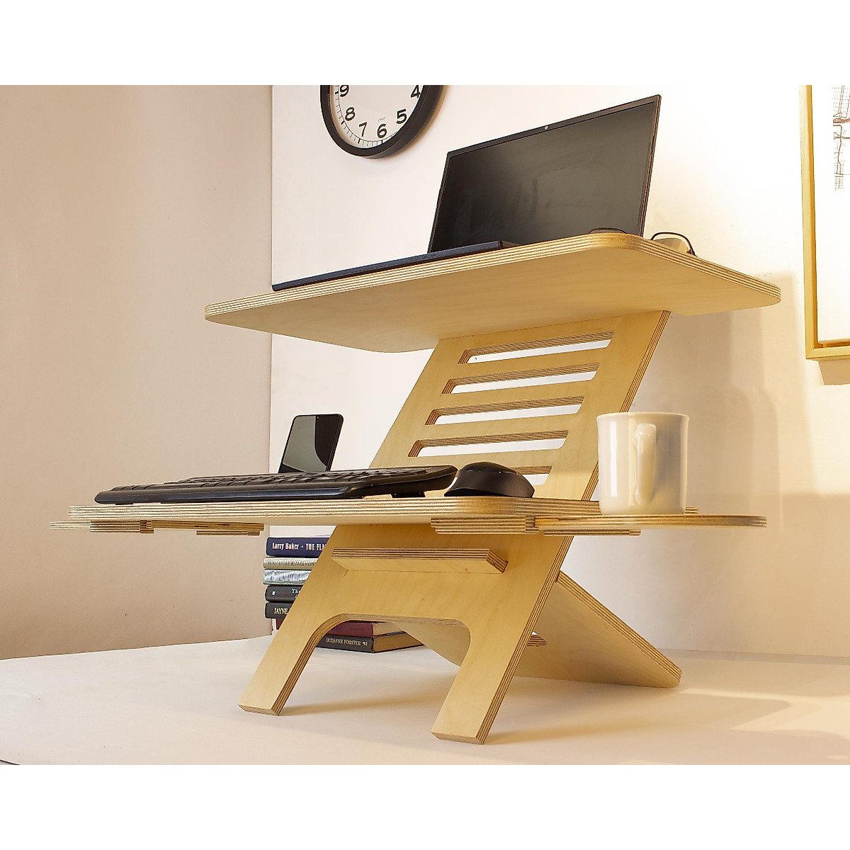WOODCHES Adjustable Jumbo Wood Laptop Stand, Standing Desk Converter, Workstation Deskstand, Handmade Birch Plywood Tabletop, Home Office