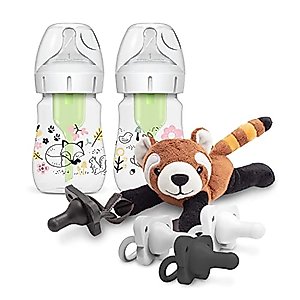 Dr. Brown’s Wide-Neck Baby Bottle Woodland Designer Bottles, 5 oz/150 mL, 2-Pack with HappyPaci Pacifiers and Lovey Holder, Red Panda
