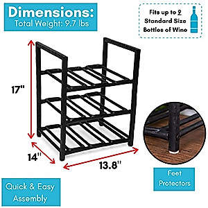 BIRDROCK HOME Wine Rack - Free Standing Stand - Forged Aluminum Metal - Kitchen Countertop - Black - Vertical Shelf Storage Cabinet - Holder (9 Bottle)