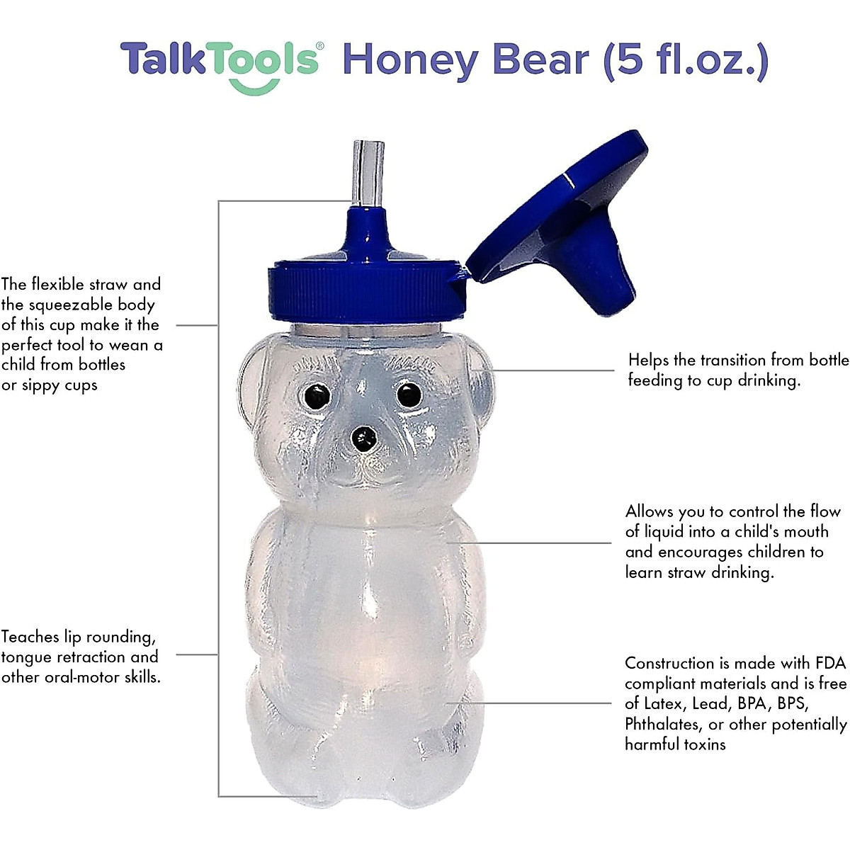 TalkTools Honey Bear Straw Cup for Babies - BPA-Free, Food-Grade Therapy Sippy Bottles for Speech and Feeding Training - Leak-Proof, Licensed Speech Pathologist (Single, 5, Ounce)