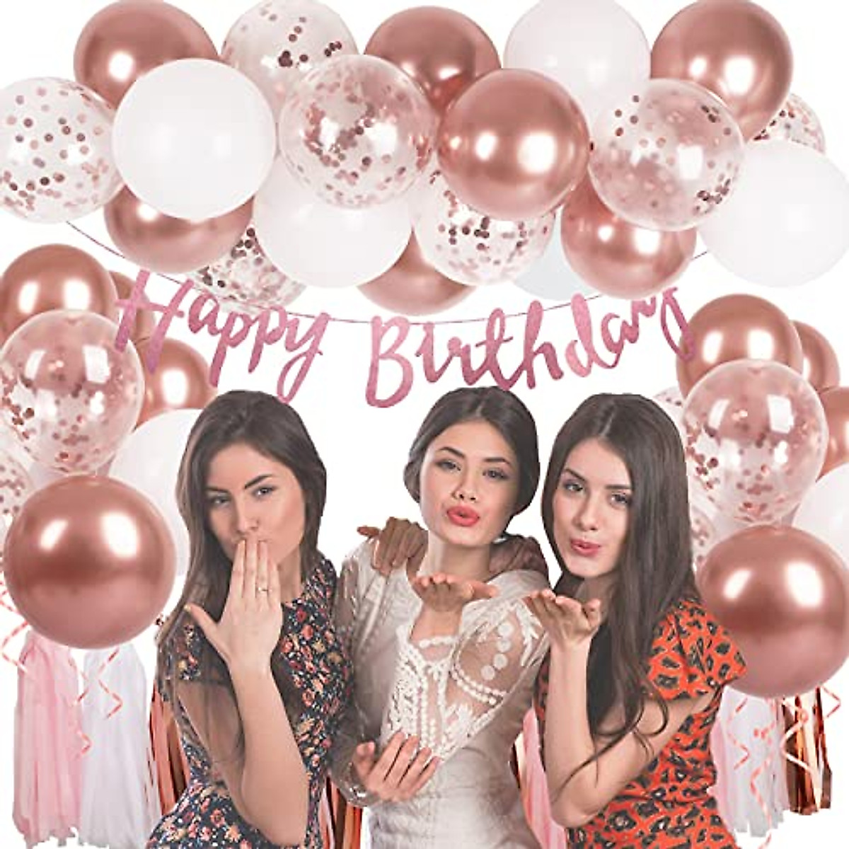 Birthday Decorations Set with Glittery Happy Birthday Banner and Paper Fringe Wreath, Rose Gold Party Decorations Balloons and Confetti Balloons for Women Girl Birthday Party