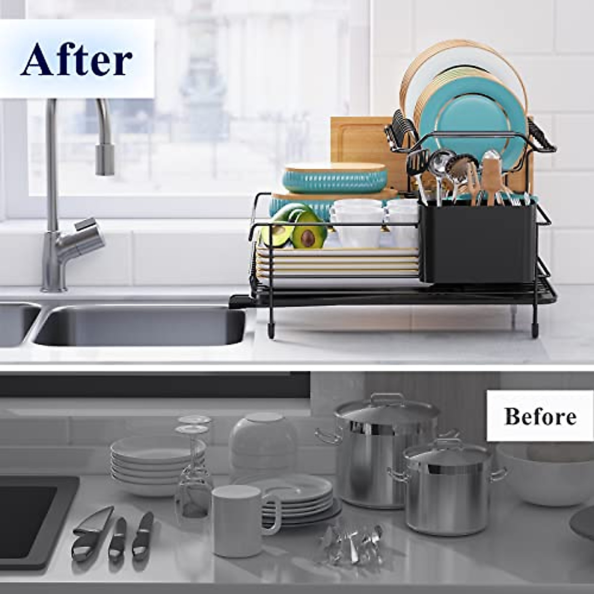 Kitsure Dish Drying Rack - Large-Capacity Dish Rack for Kitchen Counter, Rust-Proof Dish Drainer, 2-Tier Kitchen Dish Drying Rack for Dishes, Knives, Spoons, and Forks